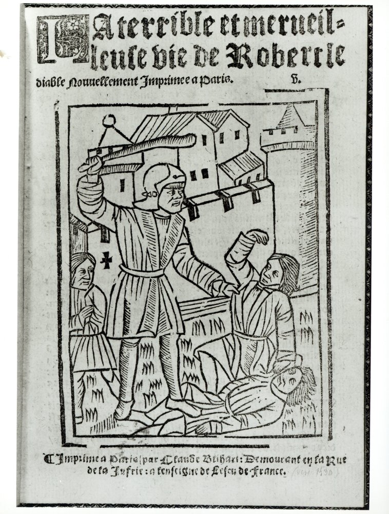 Title page from La Terrible et Merveilleuse Vie de Robert le Diable, published by Claude Blihart ...