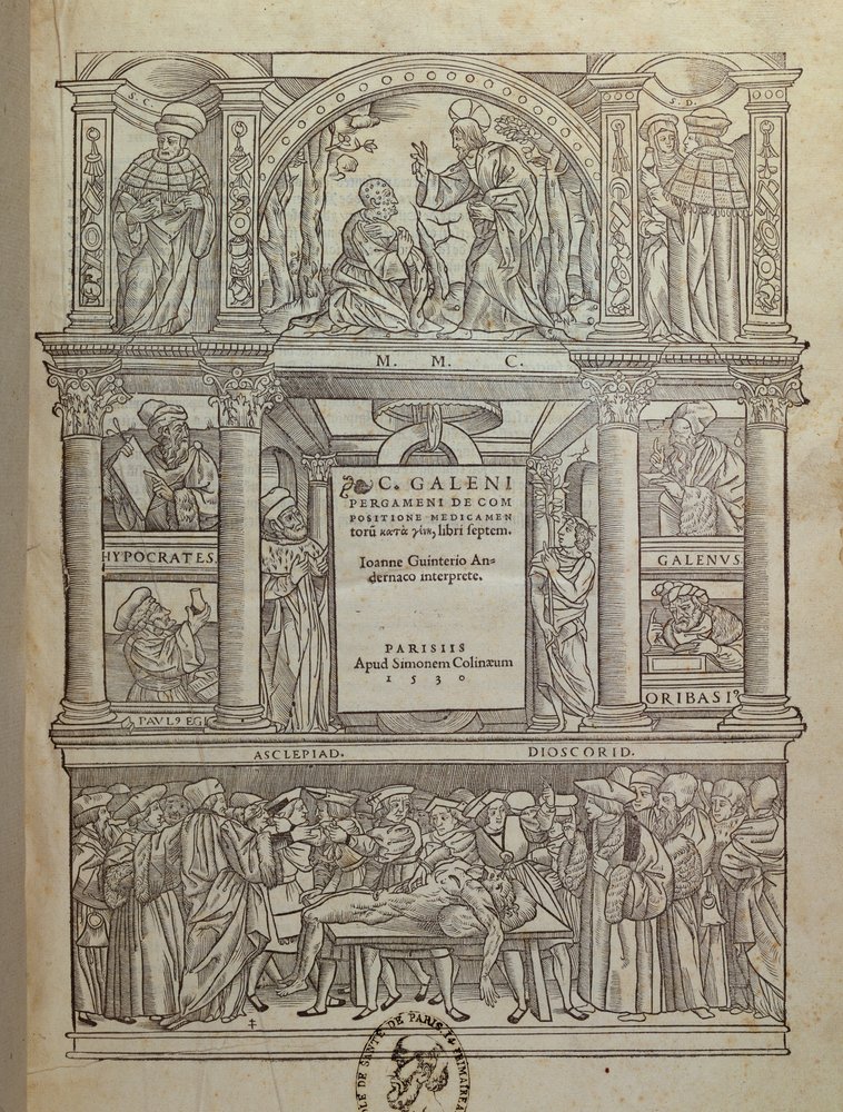 Title page of a book by Galen, published in Paris, 1530