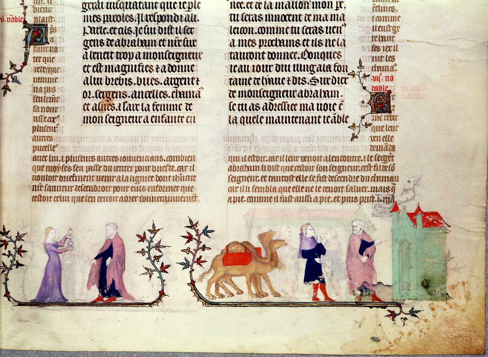Two scenes from the story of Rebecca at the well, from The Bible of ...