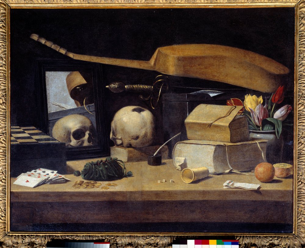 Vanitas Still Life with deck of cards, instrument and skull