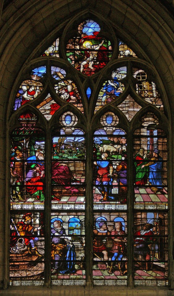 Window depicting Joseph explaining his dream to Potiphar and is accused ...