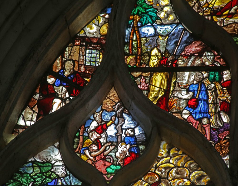 Window w126 depicting Moses scenes; the brazen serpent; at the rock of ...