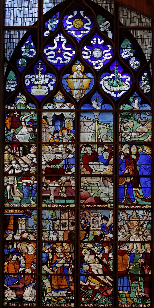 Window depicting St Vincent's martyrdom; the Litany of the Virgin in ...
