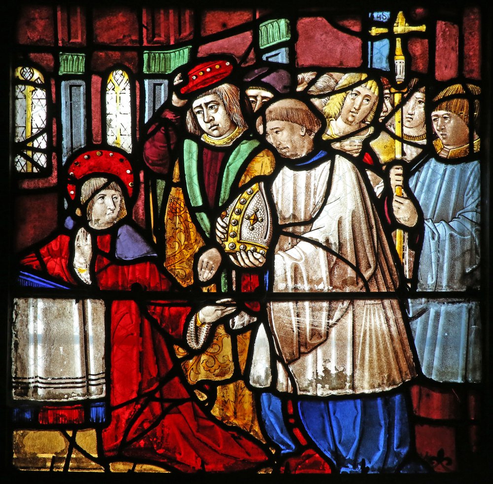 Window depicting the Life of St Remi. He is offered the bishopric of Reims