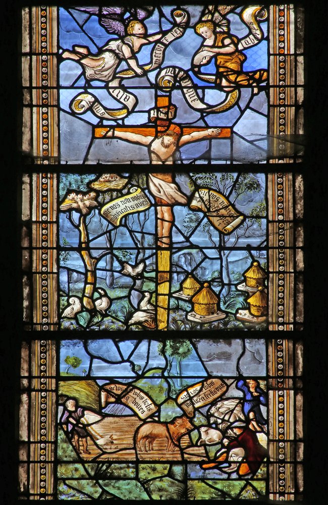 Window depicting Christ on the Cross surrounded by Virgil-inspired ...