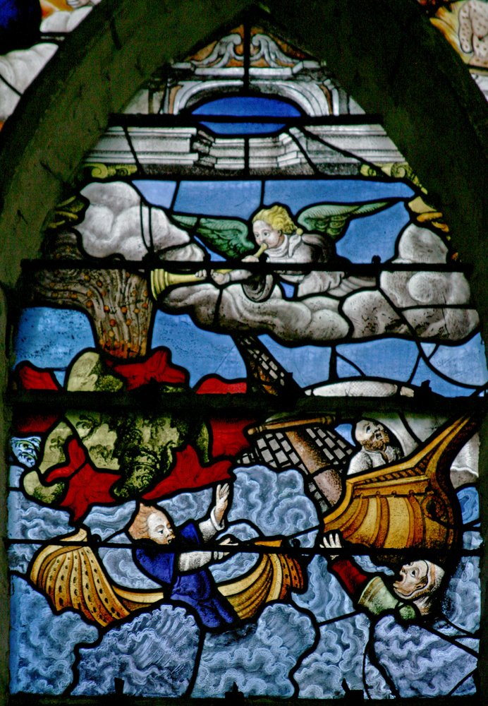 Window w5 depicting a scene from the Book of Revelation: a mountain ...