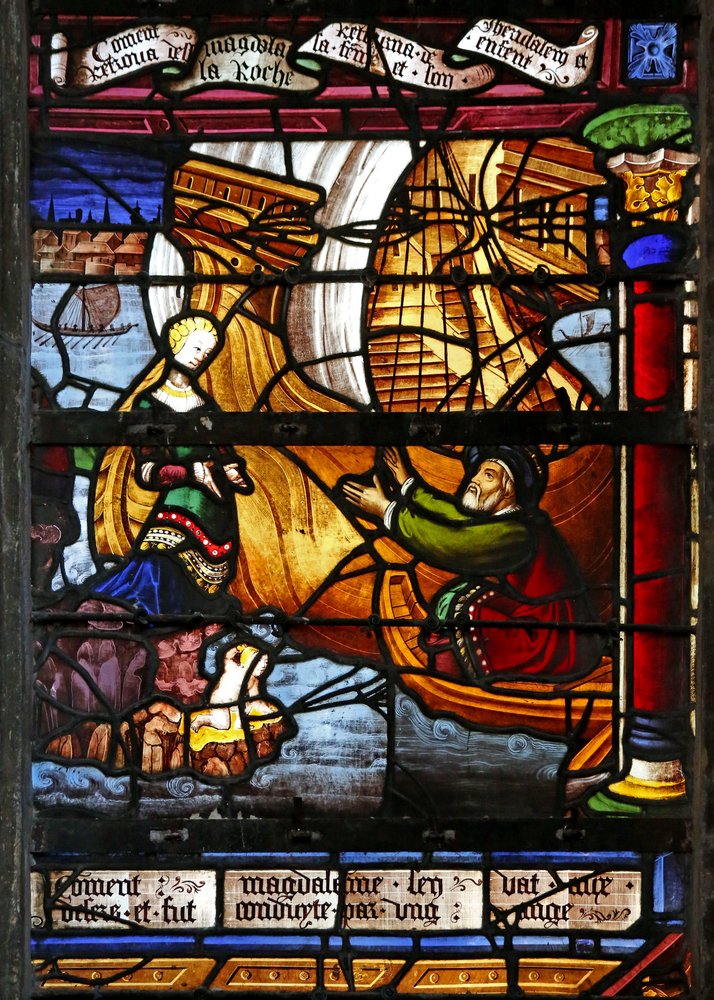 Window depicting the Duke of Marseilles returns from Jerusalem and finds his wife on the rock ...