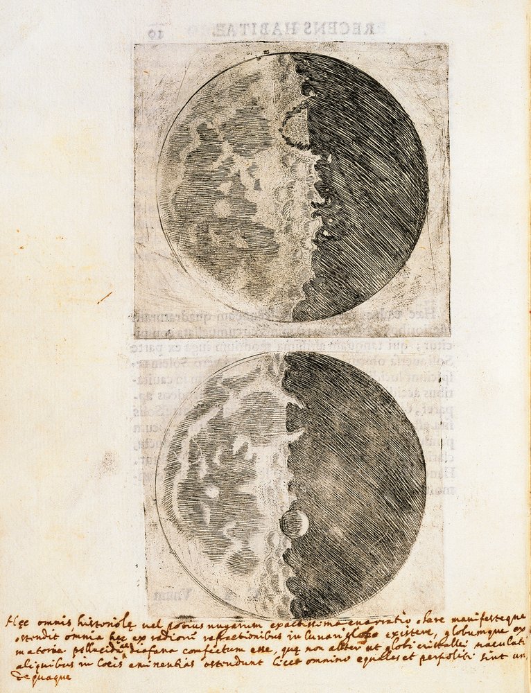 Starry Messenger with drawings of the phases and surface of the Moon