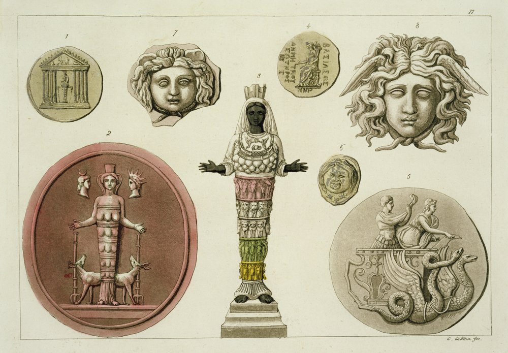 Greek statue and coins, plate 77 from 'Le Costume Ancien et Moderne' by ...