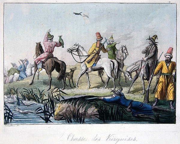 Kirghiz Hunters Shooting and Hunting with Falcons, illustration from 'Le Costume Ancien et ...