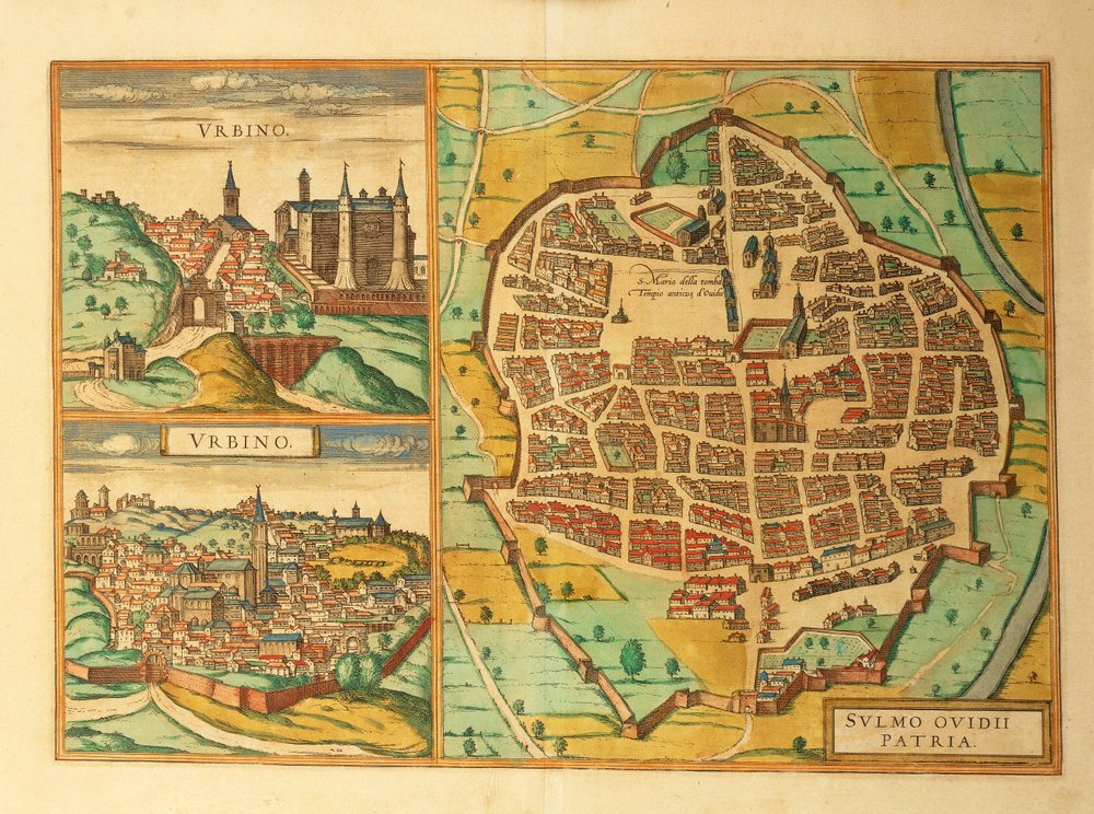 Maps of Urbino and Sulmona, Abruzzo and Marches regions, Italy, from ...