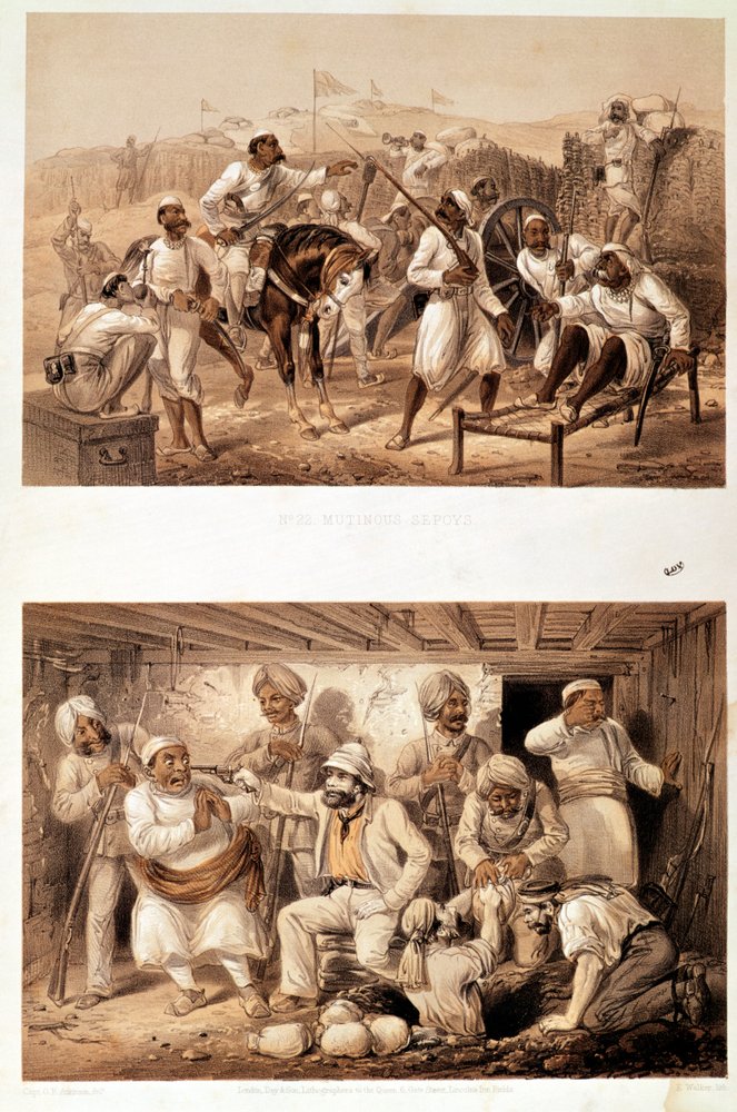 Two scenes of the Indian Mutiny in 1857 depicting mutinous sepoys and ...