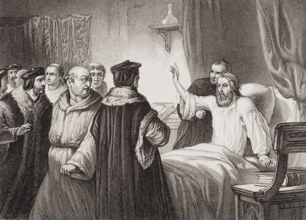 John Wycliffe on his sickbed assailed by the friars at Oxford, 1378 ...
