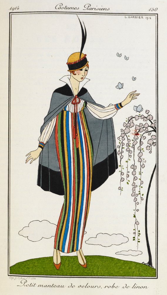 Woman wearing a small velvet cloak, with a striped linen dress, orange ...