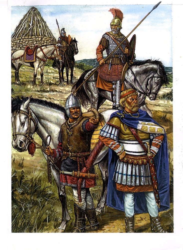 Barbarian: a Hun warrior, a Goth warrior and a Roman soldier