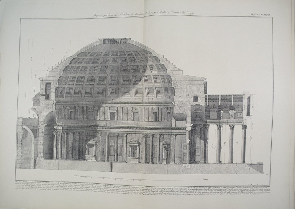 Longitudinal Section of the Pantheon showing the dome, the portico and ...
