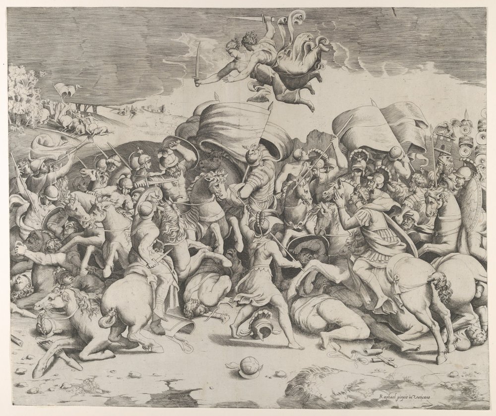 Constantine defeating the tyrant Maxentius, angels carrying swords fly ...