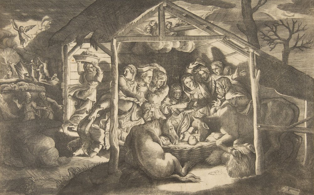 The adoration of the shepherds, various figures surrounding the Christ ...
