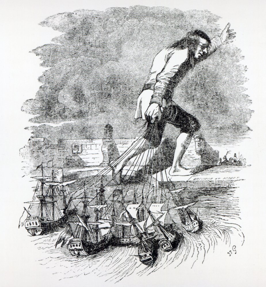 Gulliver Stealing the Blefuscudian Fleet, illustration from 'Gulliver's ...