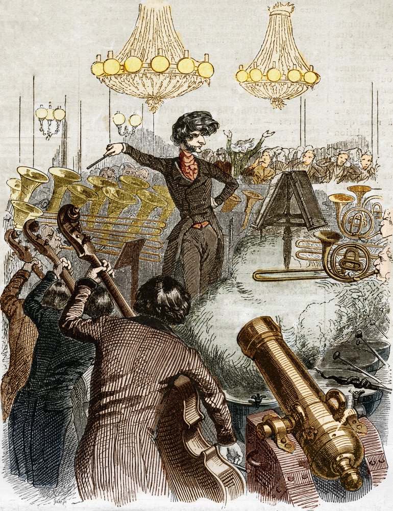 A concert has a machine gun. Cartoon by Hector Berlioz conducting an ...