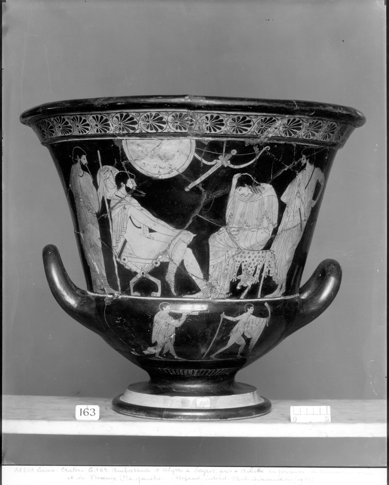 Attic red-figure calyx-krater depicting Ulysses recognizing Achilles ...