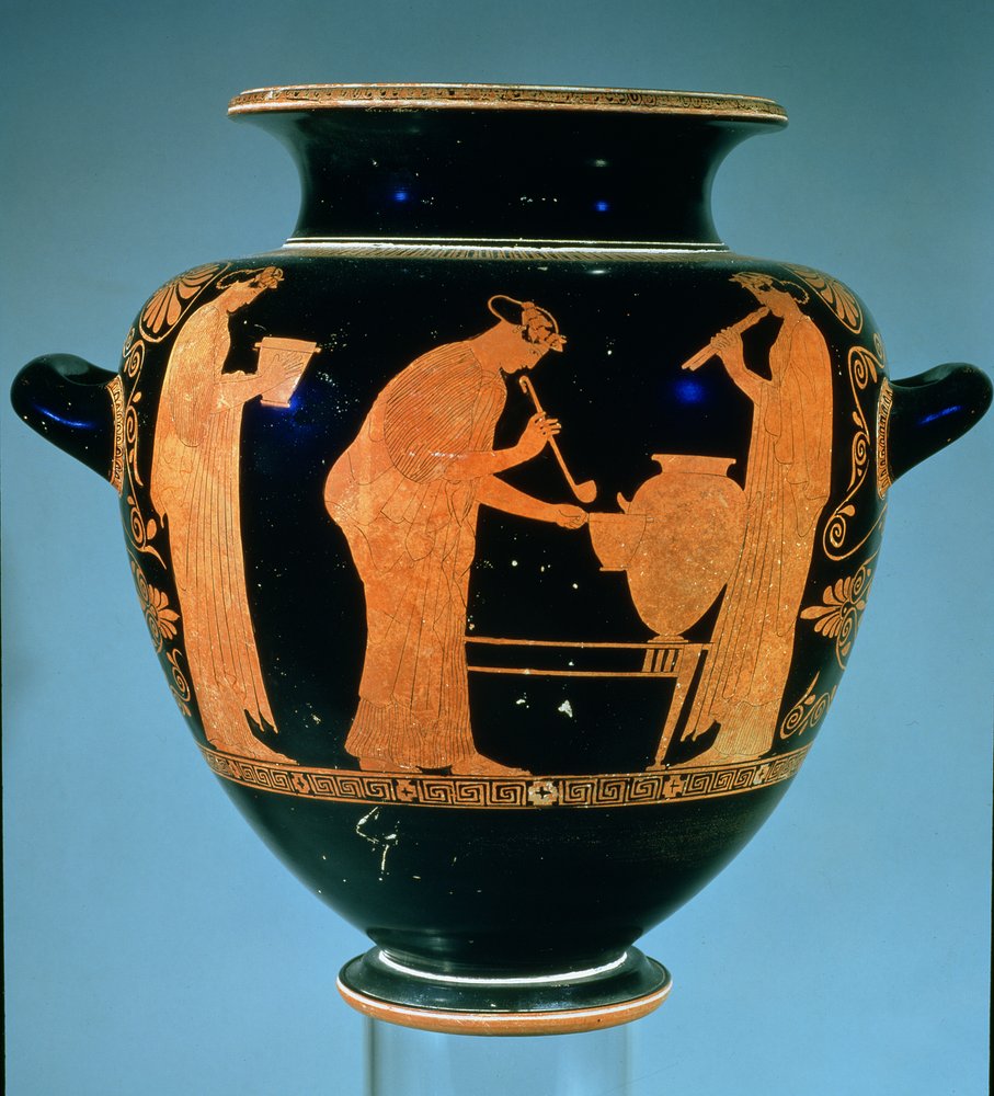 Attic red-figure stamnos decorated with women serving wine and making ...