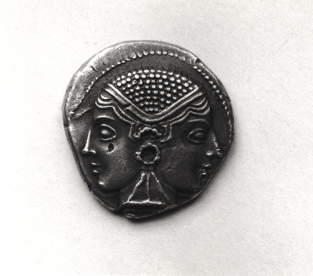 Coin from Lampsacus with a Janiform head by Greek