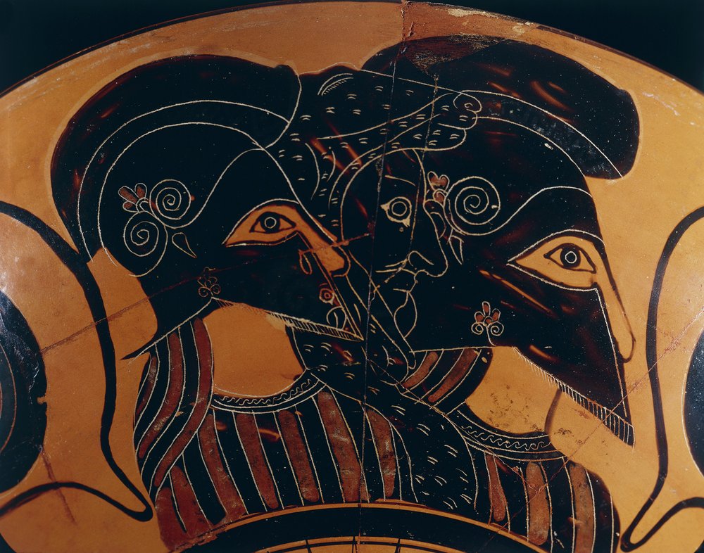 Greek Black-Figure Vase Depicting Three Warriors with Helmets (detail)