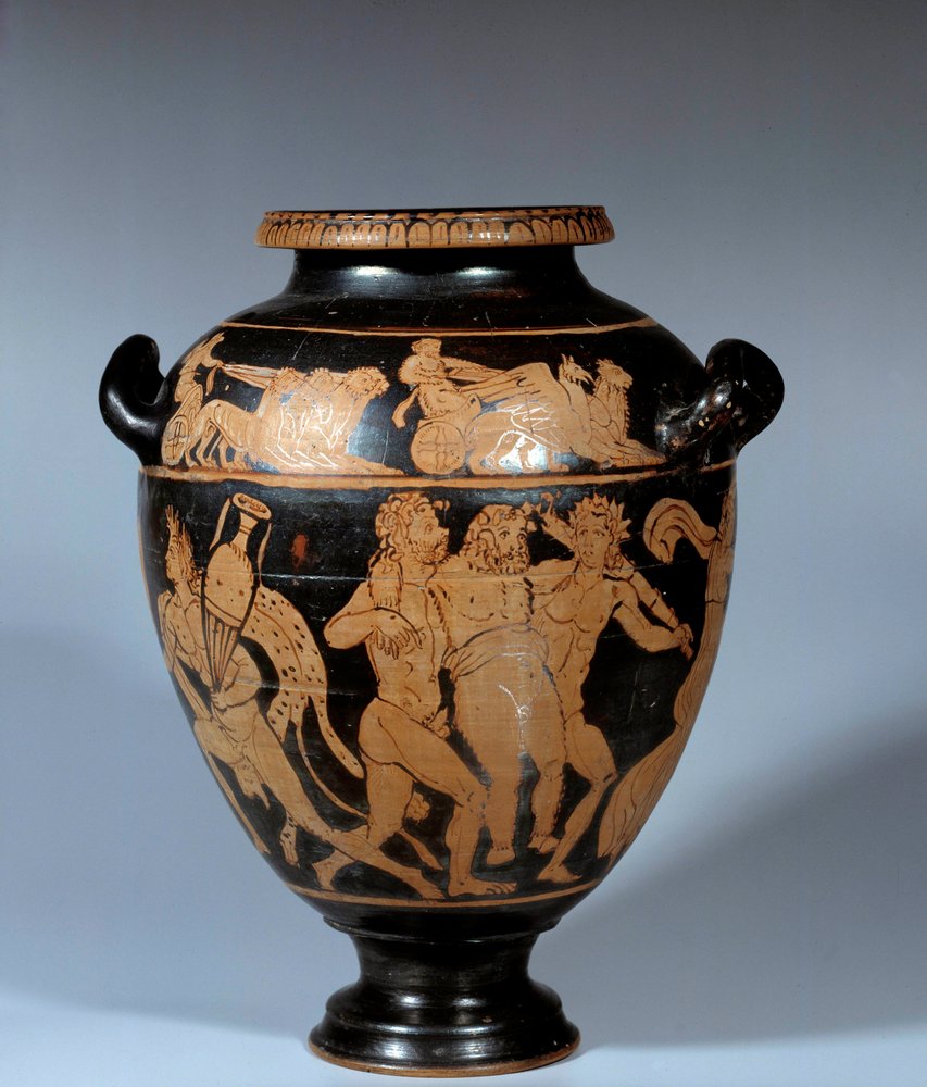 Greek Art: Attic Stamnos in Ceramic with Red Figures. Dionysian Scene