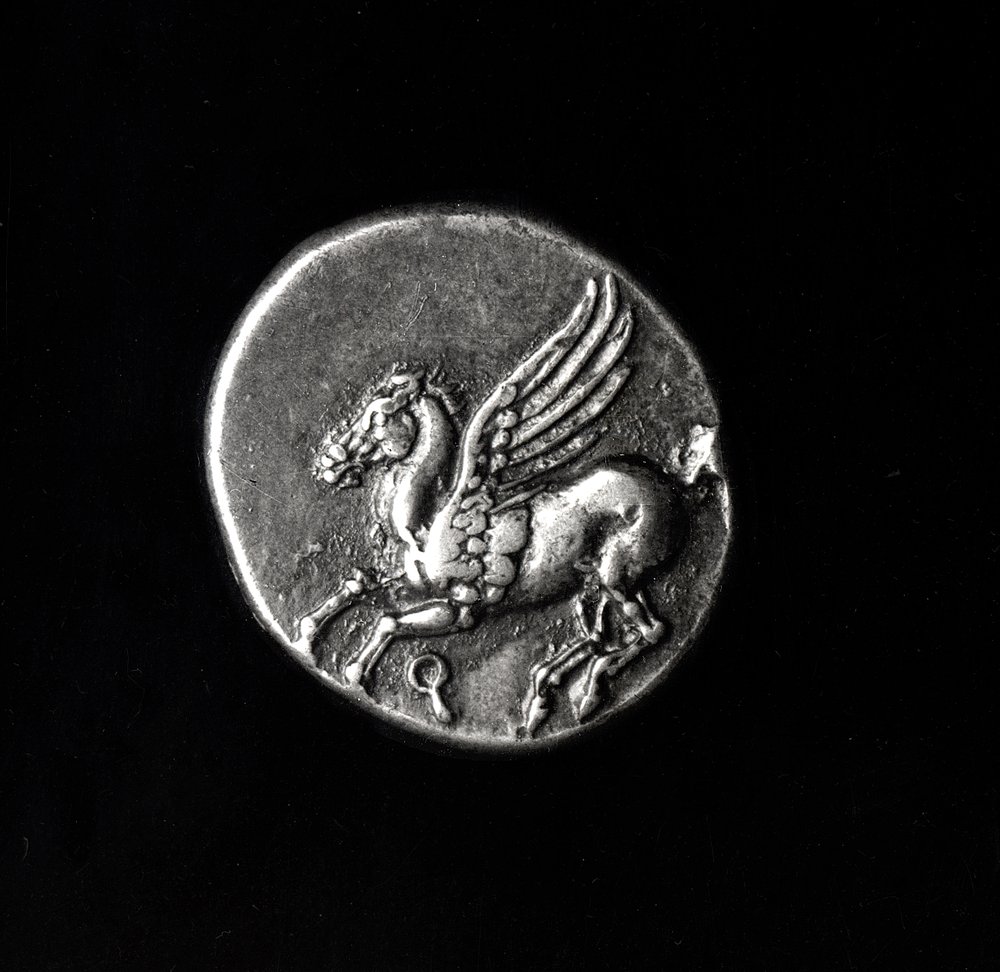 Reverse side of a coin depicting Pegasus, from Corinth, 700-300 BC