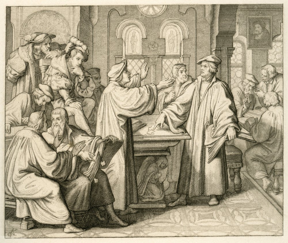 Luther and Ulrich Zwingli discussing the sacrament without agreement ...