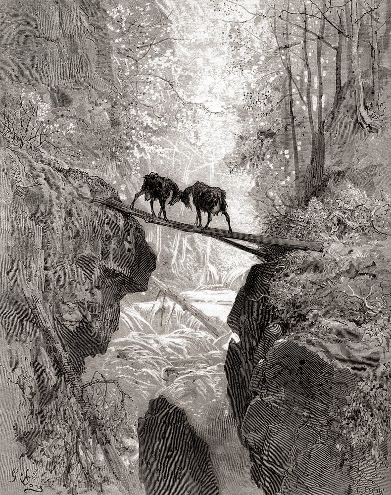 The Two Goats, from a late 19th century edition of Fables de La Fontaine
