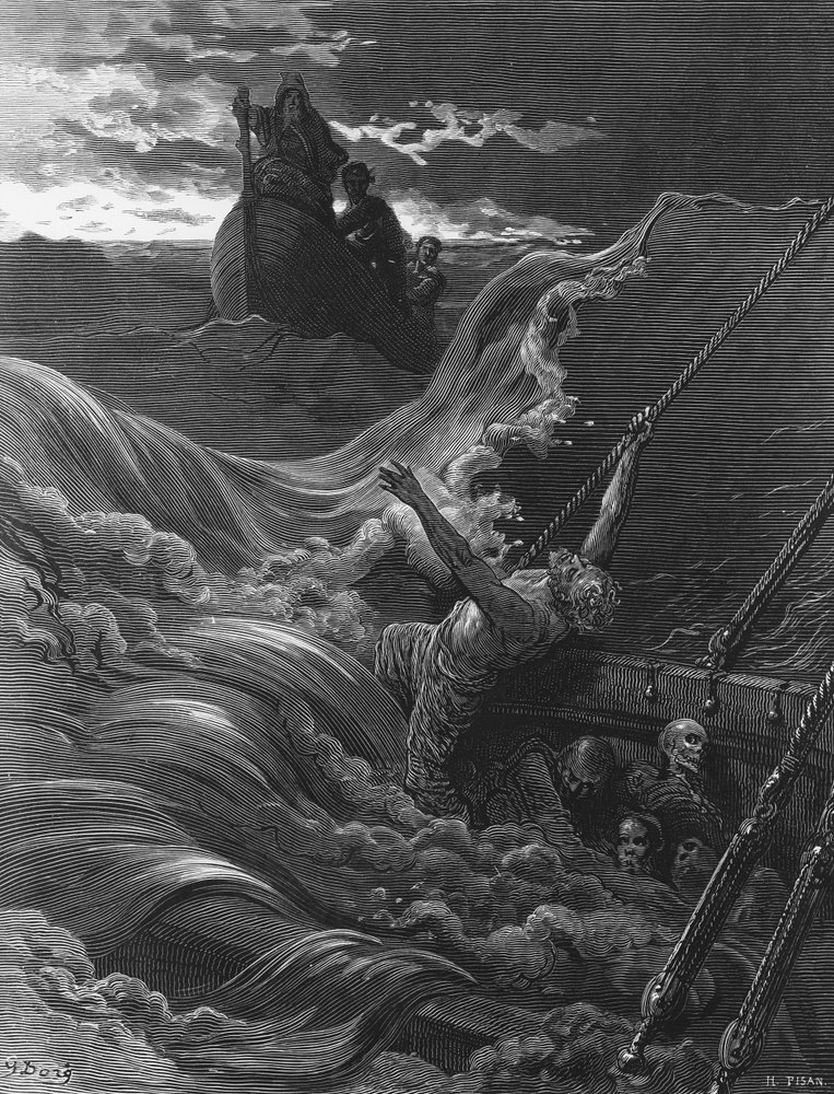 The mariner, as his ship is sinking, sees the boat with the Hermit and ...