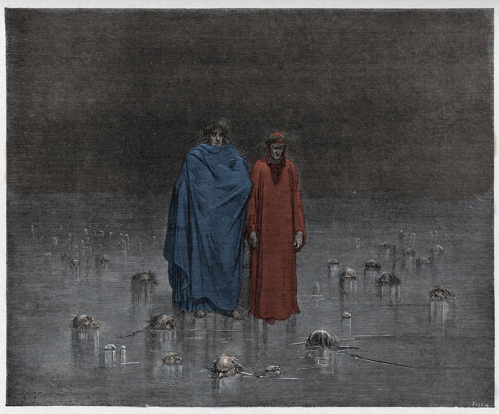 Inferno, Canto 32: The traitors frozen in the ice of Cocytus ...