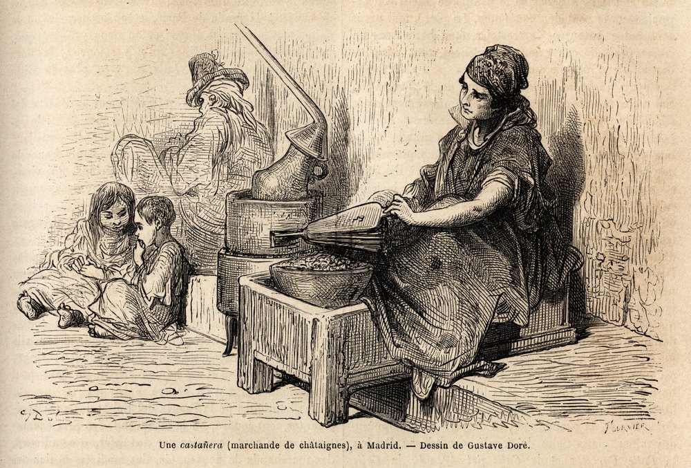 An open-air chestnut merchant, with her portable oven, sketch on the ...