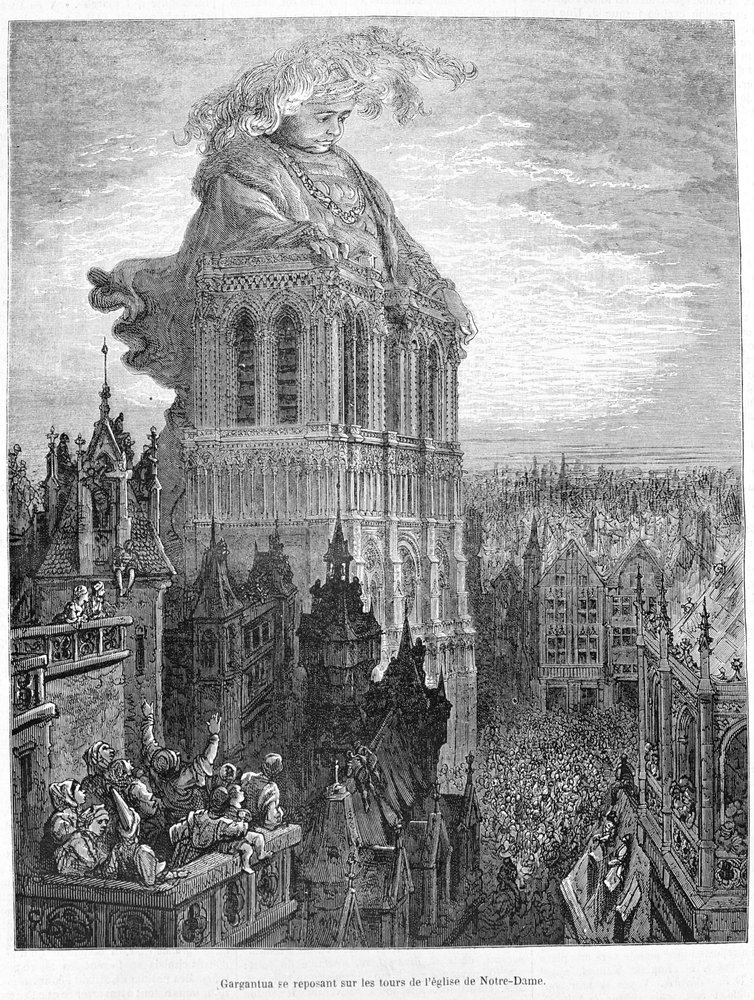 Gargantua resting on the towers of the Church of Our Lady. Engraving ...