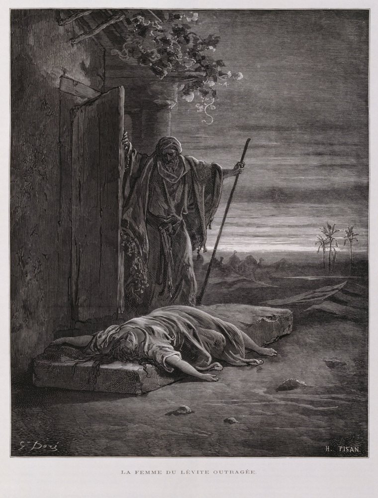 Outrage at Gibeah, the Levite carries his dead concubine away ...