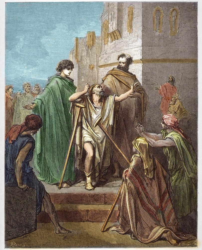 Saint Peter and Saint John healing a lame man - engraving in “The Bible ...