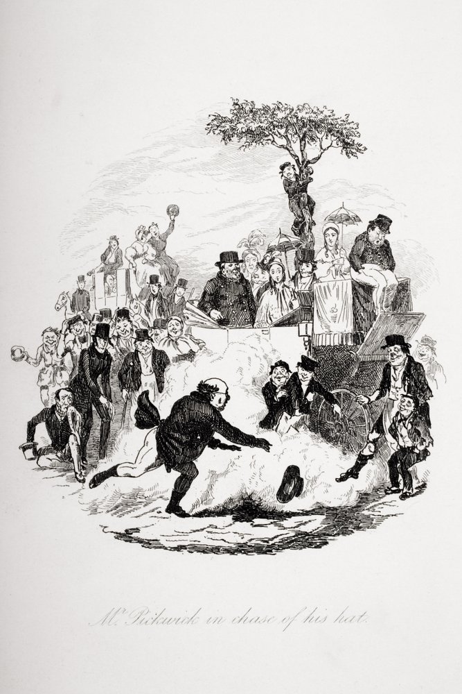 Mr. Pickwick in chase of his hat, illustration from 'The Pickwick ...