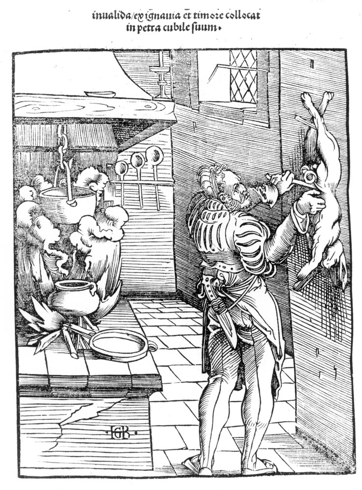 View of a sixteenth century kitchen with cook gutting a rabbit