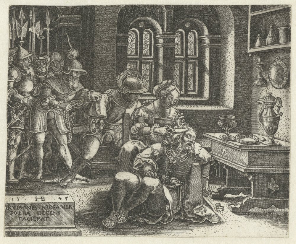 Delilah Cuts Samson's Hair While Philistines Wait