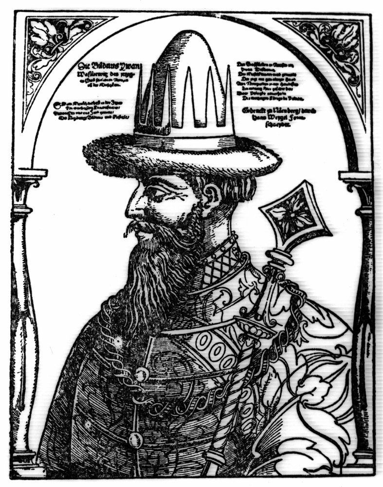 Portrait of Ivan IV the Terrible, Russian tsar. Xylography by Hans Weygel