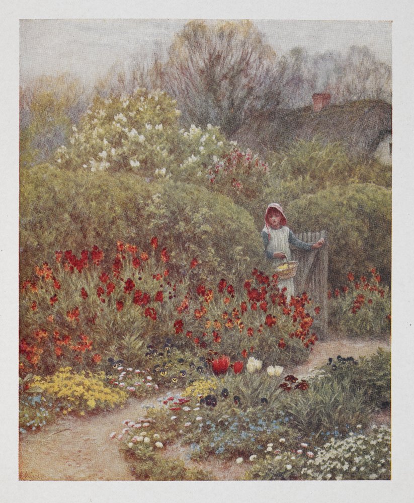 A Woman opening a gate into a garden, illustration from 'Happy England ...