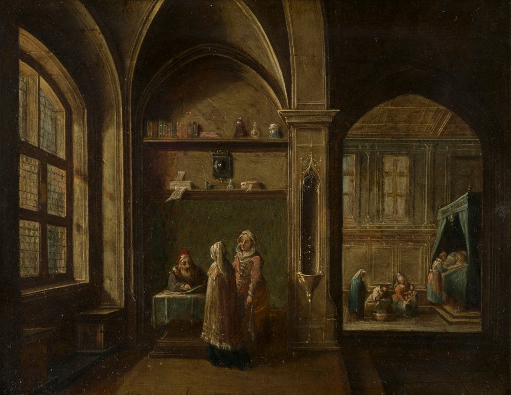 A Renaissance Interior with figures: The Birth of St John