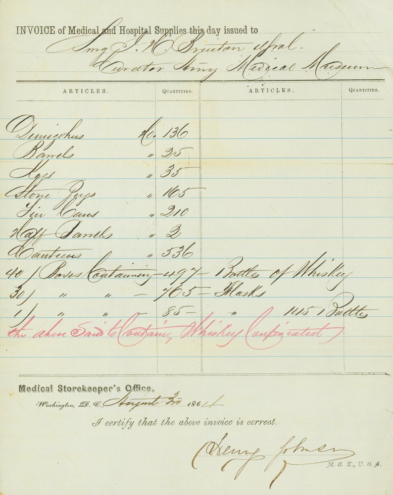 Invoice of medical and hospital stores, signed Henry Johnson, August 30 ...
