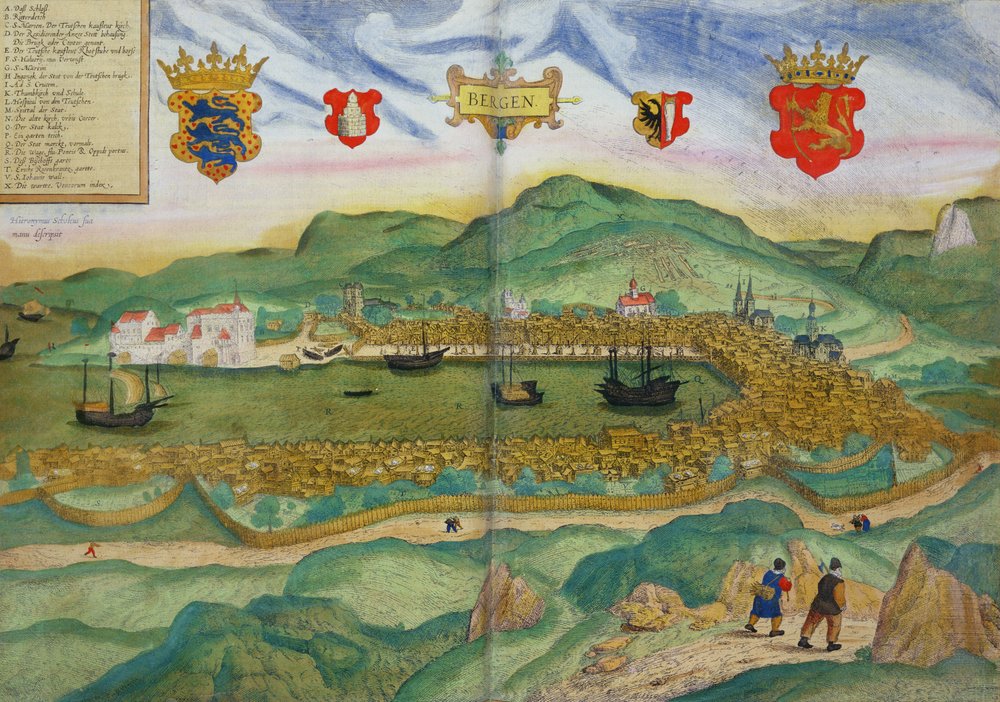 Map of Bergen, from 'Civitates Orbis Terrarum' by Georg Brau and Franz ...