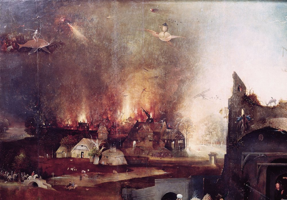 Detail of the village on fire, from the central panel of the Temptation ...