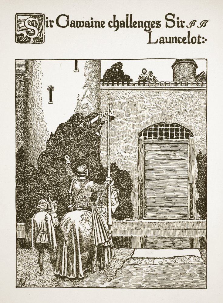 Sir Gawaine challenges Sir Launcelot, illustration from 'The Story of ...