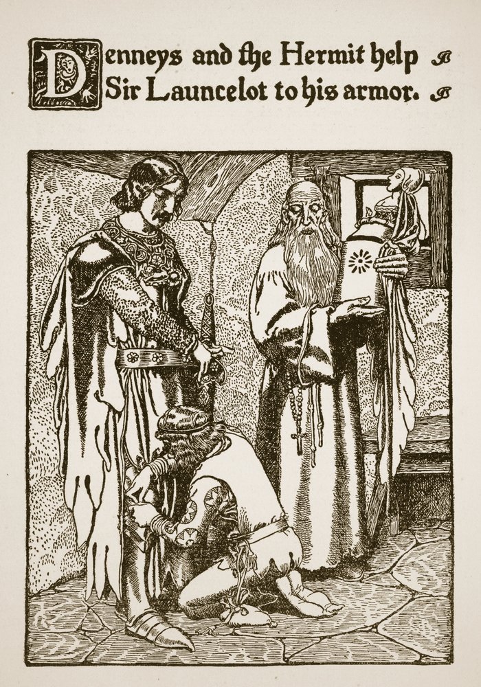 Denneys and the Hermit Help Sir Launcelot to His Armor, Illustration ...