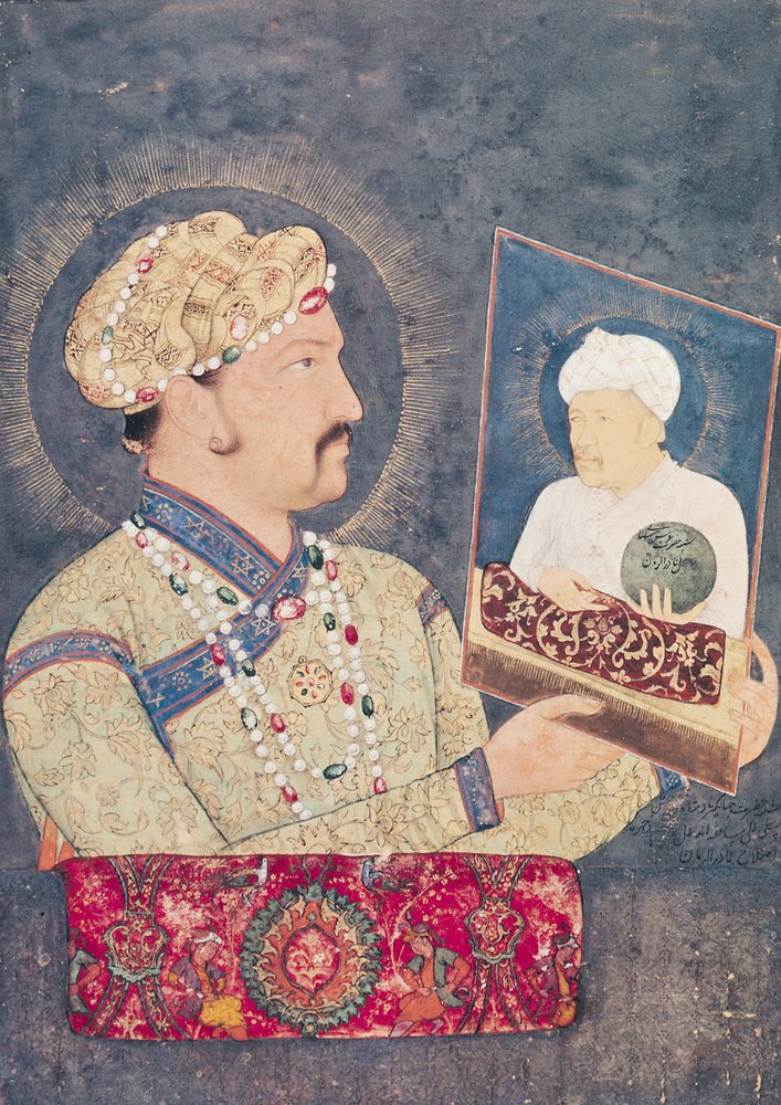 Emperor Jahangir holding a portrait of Emperor Akbar
